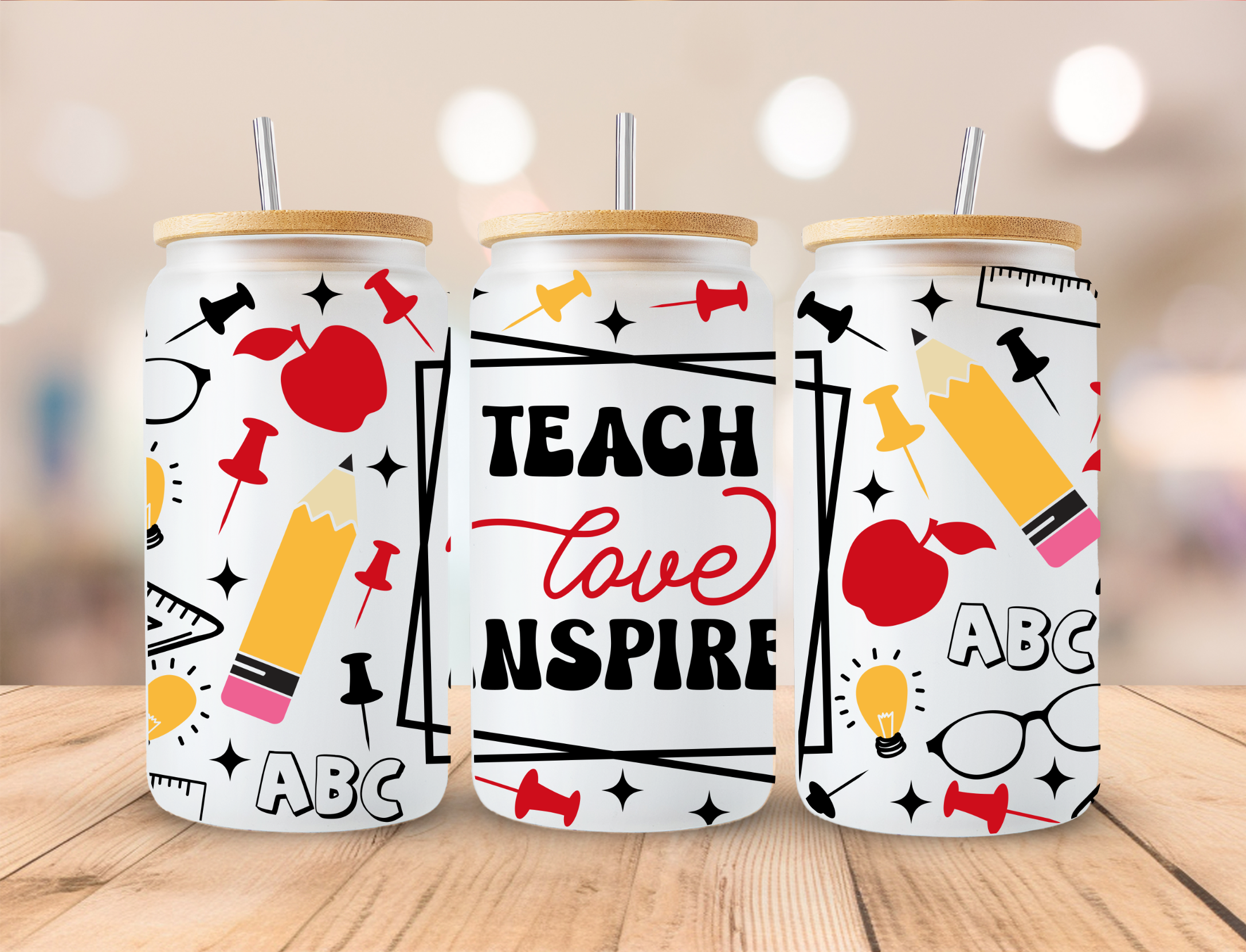 School Teach Love Cursive Inspire - 16 oz Libby UV DTF Wrap – Southern ...