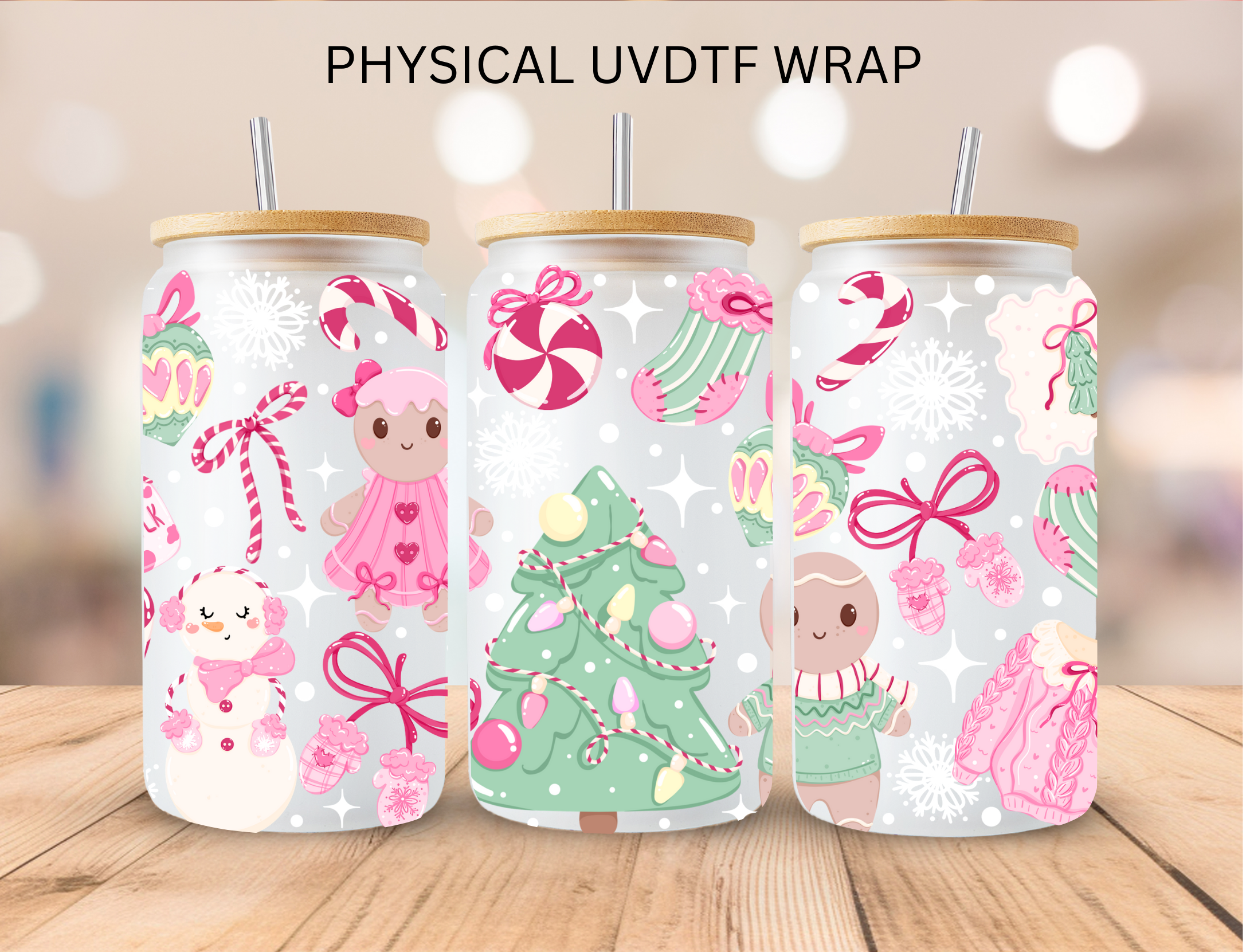 Christmas Pink Pastel Gingerbread - 16 oz / 20 oz Libby UV DTF Wrap ...