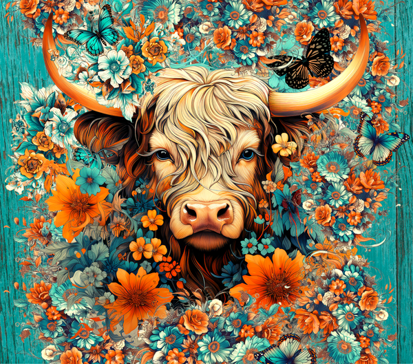 Teal Coral Highland Cow - 20 Oz Sublimation Transfer – Southern Gem ...